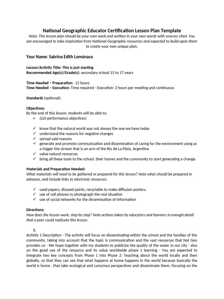 National Geographic Lesson Plan Template | PDF | Learning | Cognition