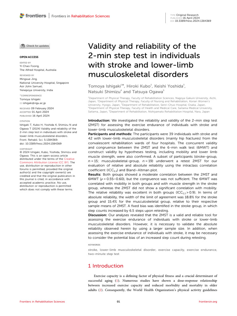 Validity and Reliability of 2MST - Lower Limb Desorders | PDF | Stroke | Validity (Statistics)