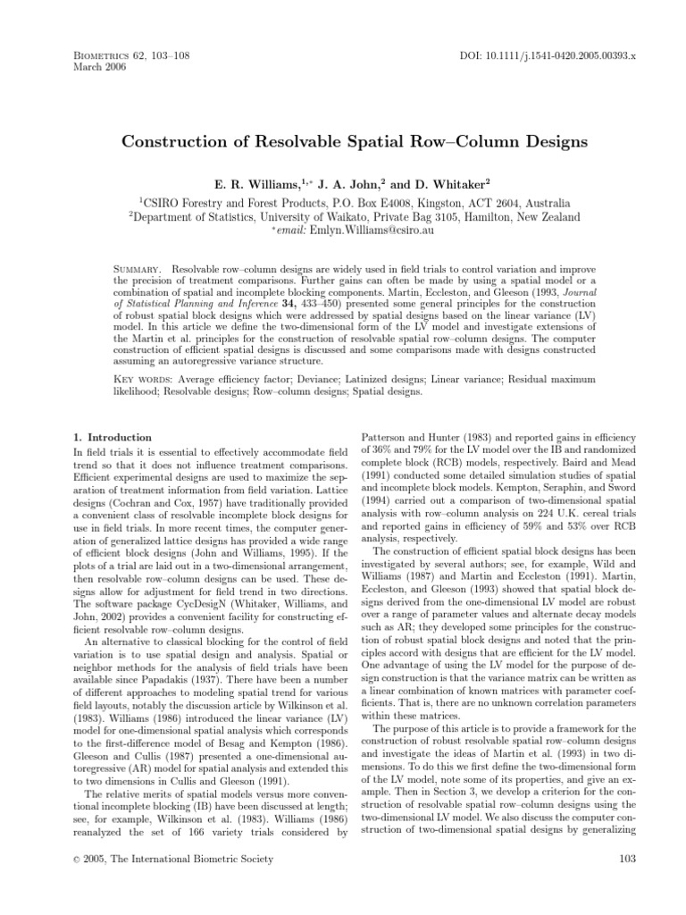Construction of Resolvable Spatial Row-Column Designs - Williams2006 | PDF | Matrix (Mathematics ...