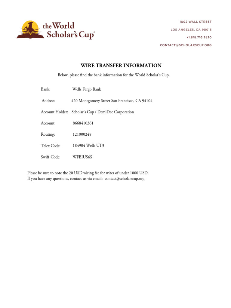 WSC Wire Transfer Information | PDF