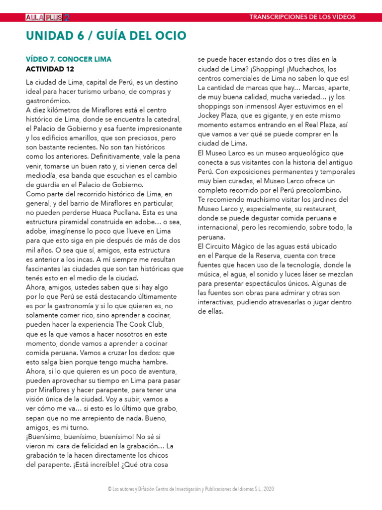 Au Plus 2 Transcripcion Video U06 | PDF | Lima | Perú