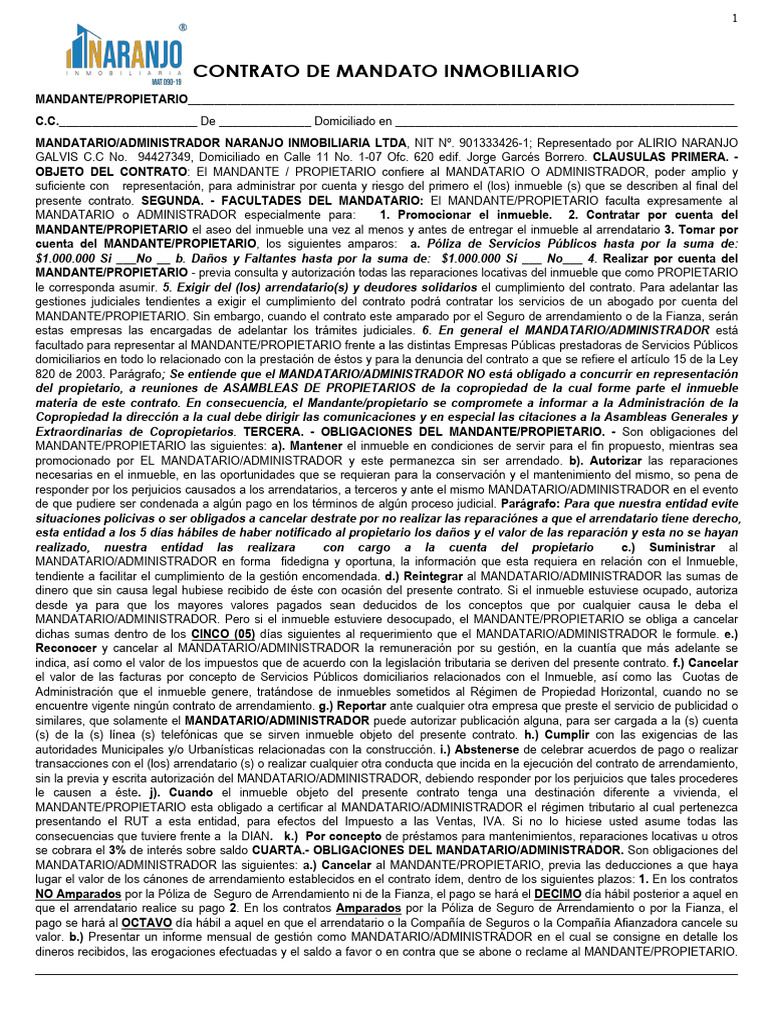 1. CONTRATO MANDATO NARANJO LTDA Versión 5 | PDF | Seguro | Póliza de seguros