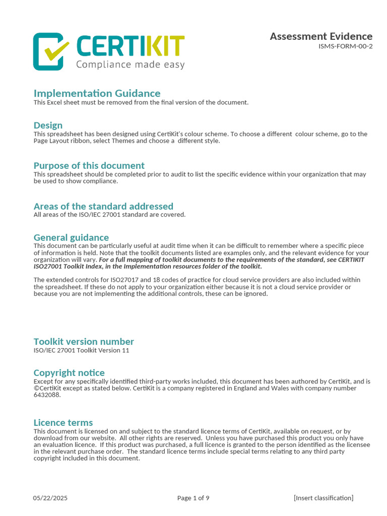 ISMS-FORM-00-2 ISO27001 Assessment Evidence | PDF | Information ...