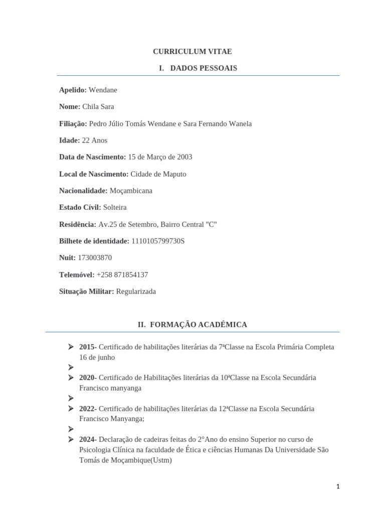 Currículo de Chila Sara Wendane | PDF