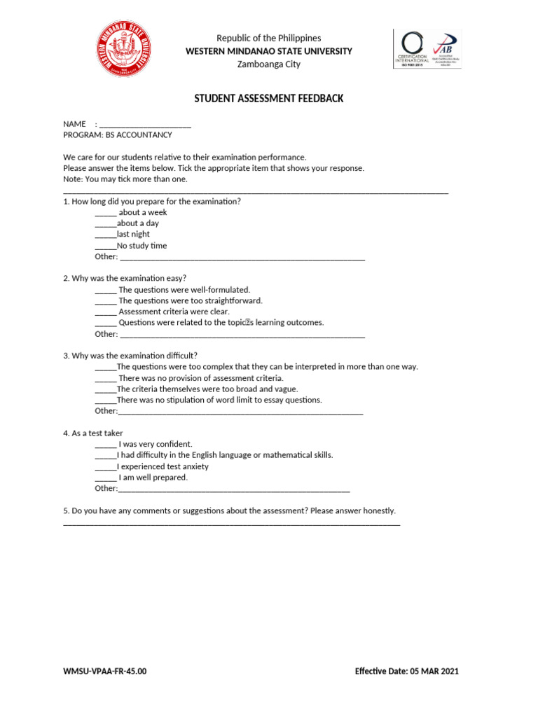 Student Assessment Feedback | PDF