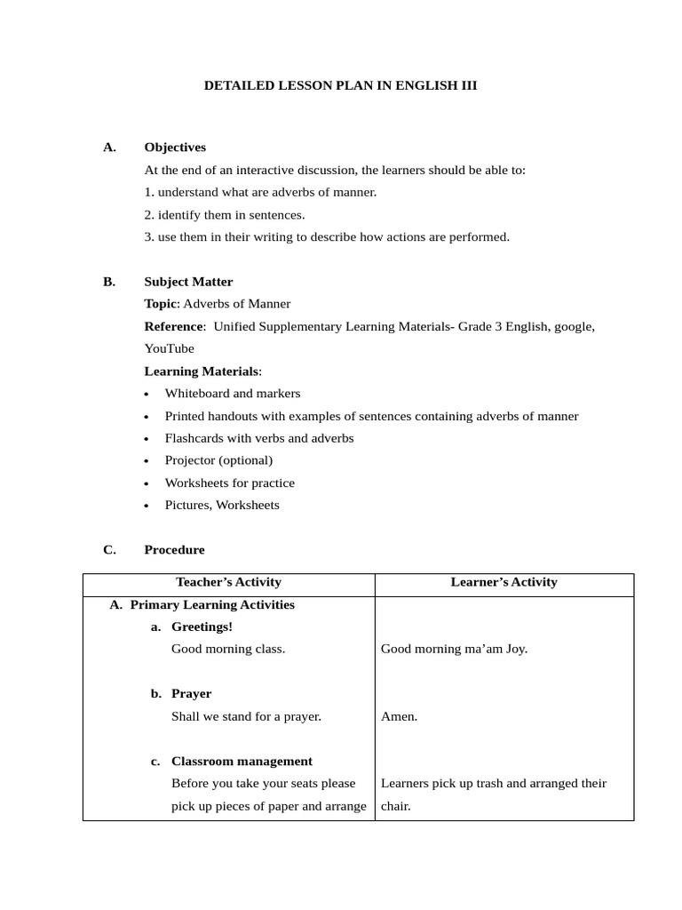 Adverbs of manner-English-DLP | PDF | Adverb | Lesson Plan