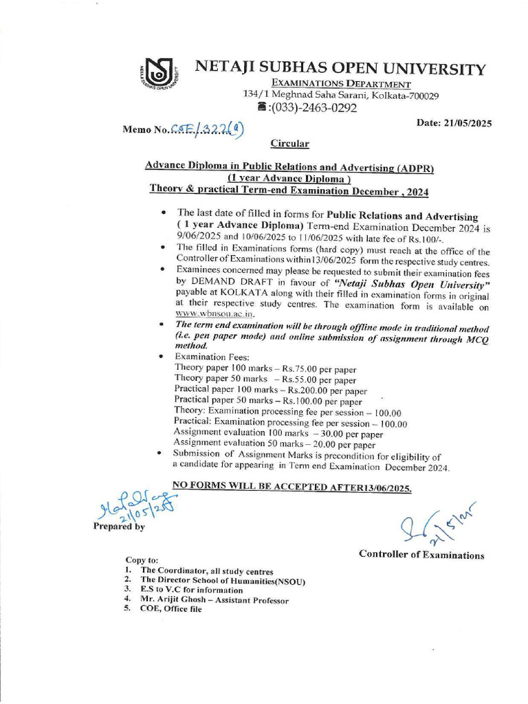 Exam Form Fill Up Circular ADPR | PDF