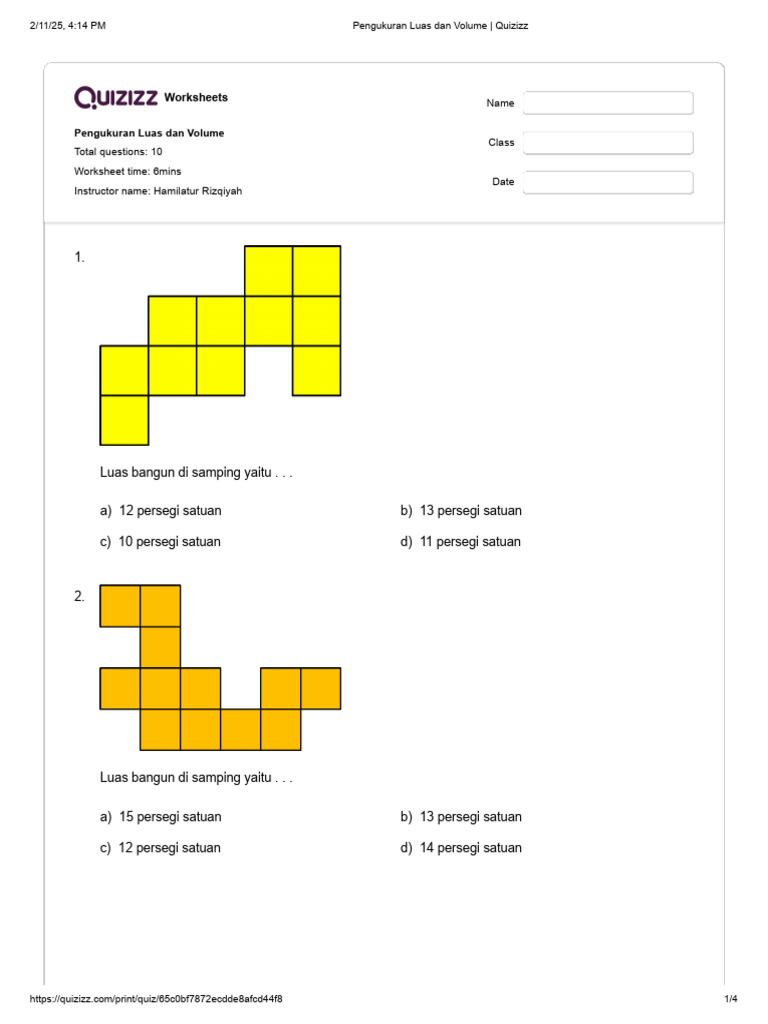 Pengukuran Luas Dan Volume - Quizizz | PDF