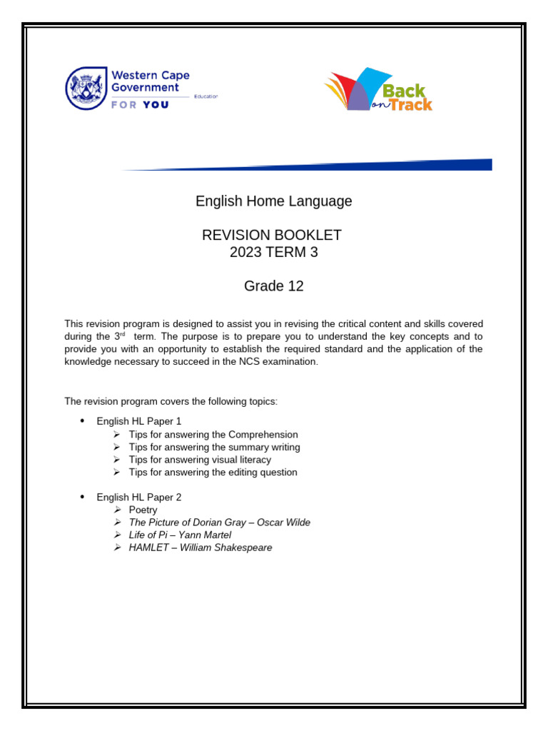 Grade 12 English HL Term 3 Revision Guide | PDF | Hamlet | Reading ...