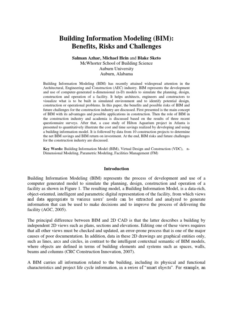 Building Information Modeling (BIM) : Benefits, Risks and Challenges ...