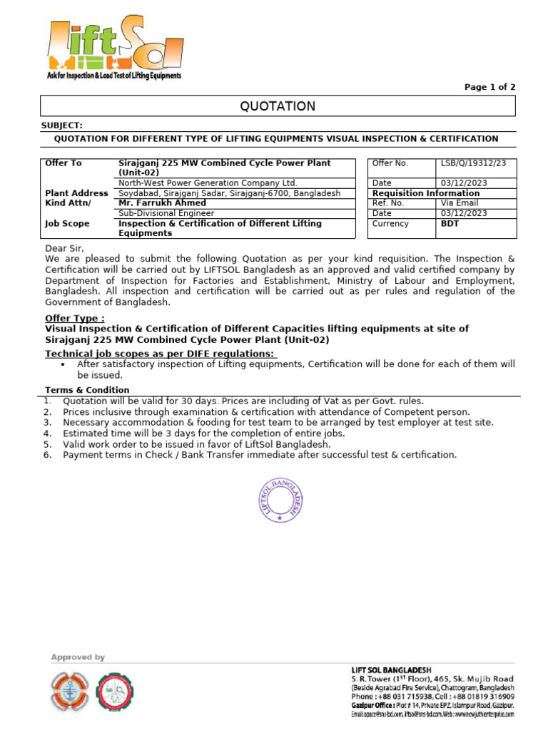 03-12-2023 Quotation For Visual Inspection & Certification at North ...