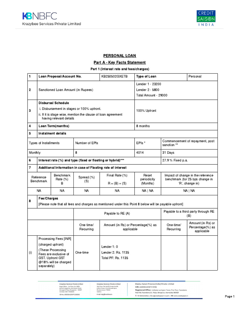 KB250502GXETB - KFS & Sanction Letter | PDF | Loans | Annual Percentage Rate