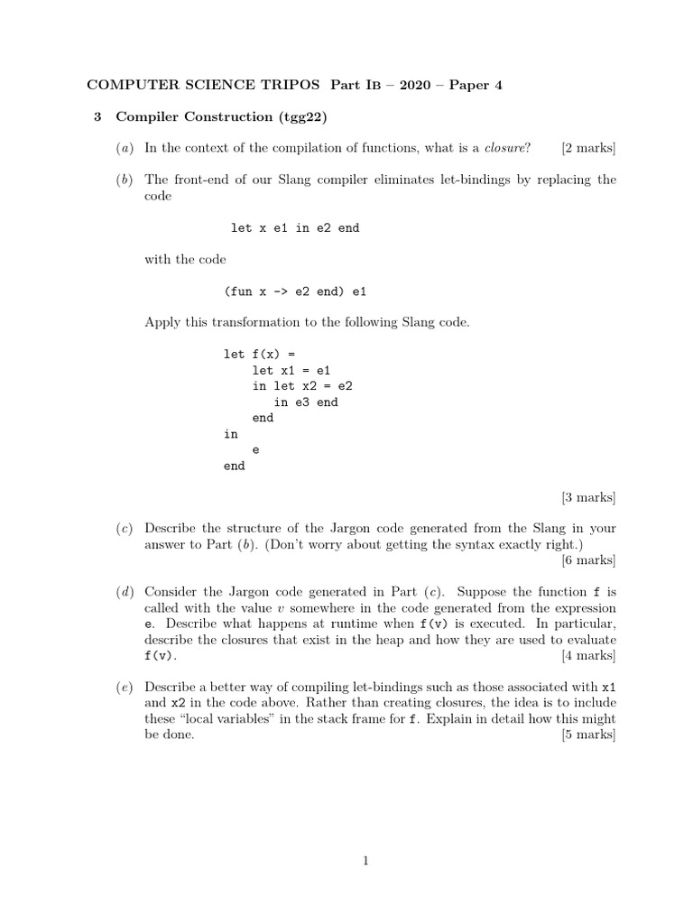 A Closure B: Computer Science Tripos Part I - 2020 - Paper 4 Compiler Construction (tgg22) | PDF