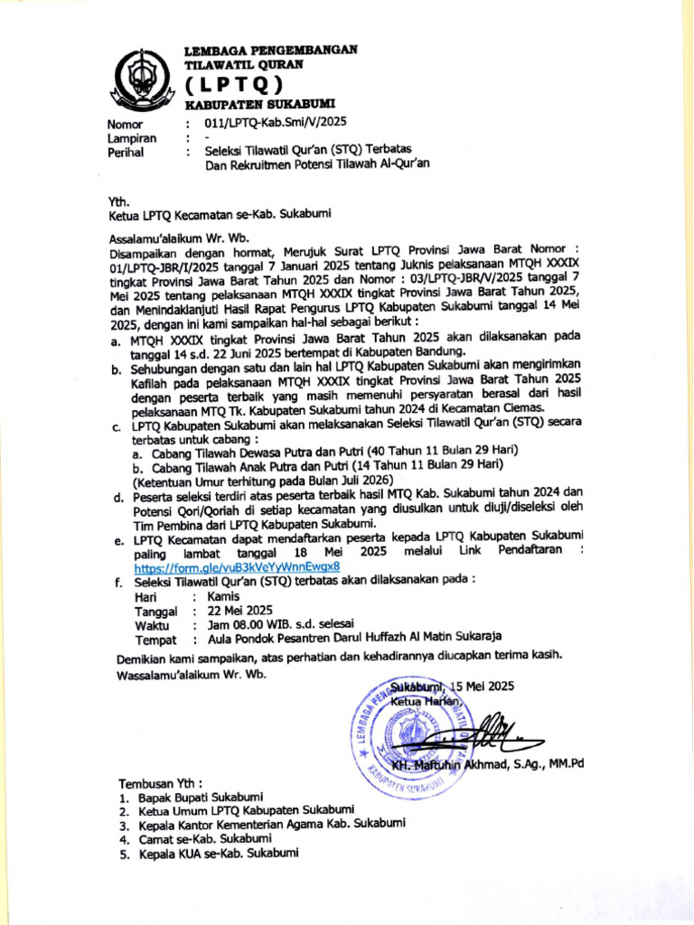 Surat STQ Terbatas Dan Rekrutmen Potensi Tilawah | PDF