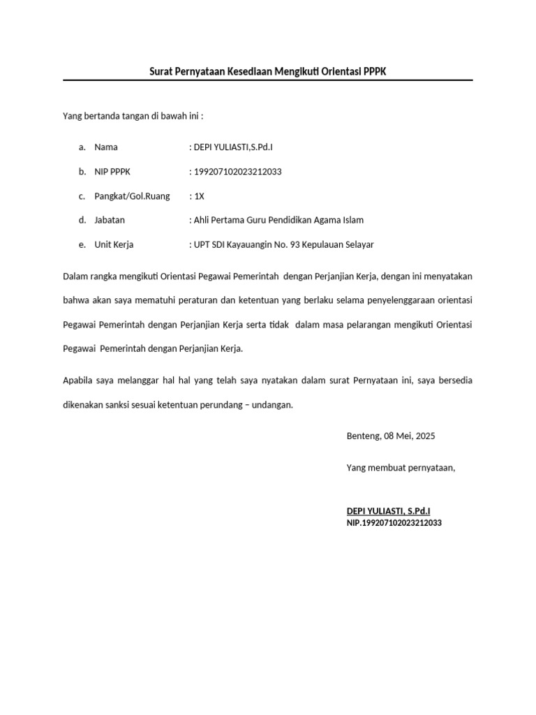 Surat Pernyataan Kesediaan Mengikuti Orientasi PPPK Depi | PDF