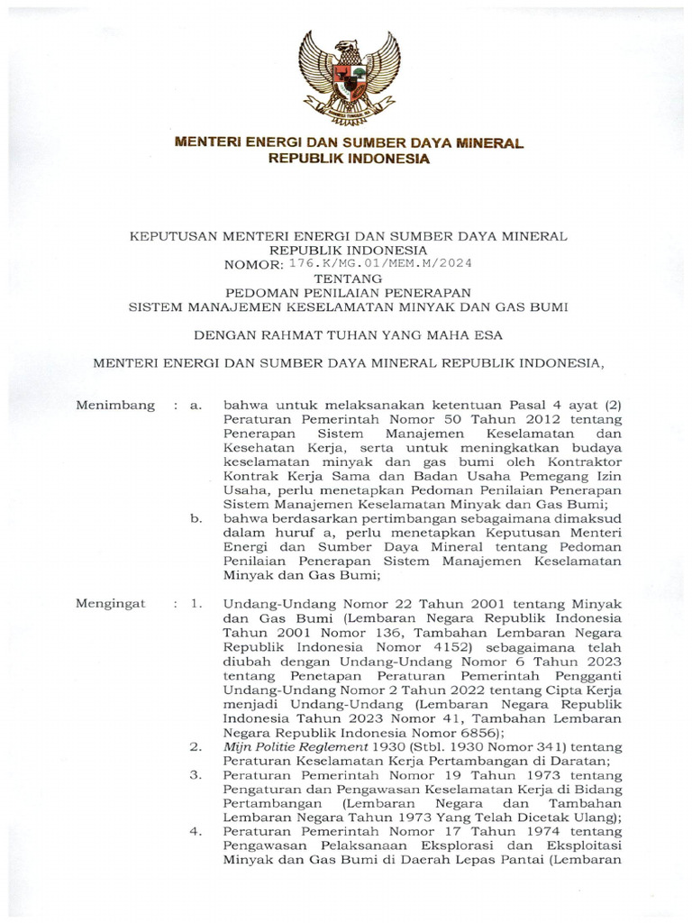 Kepmen No 176 TH 2024 - Sistem Manajemen Keselamatan Migas | PDF