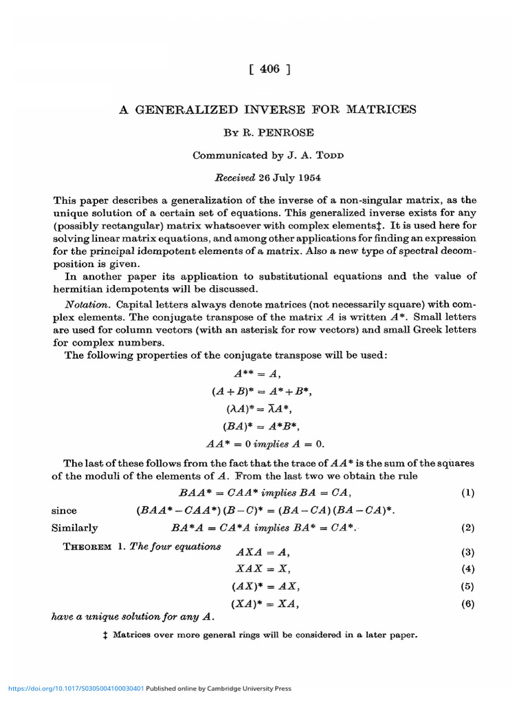 A Generalized Inverse For Matrices | PDF | Matrix (Mathematics) | Abstract Algebra