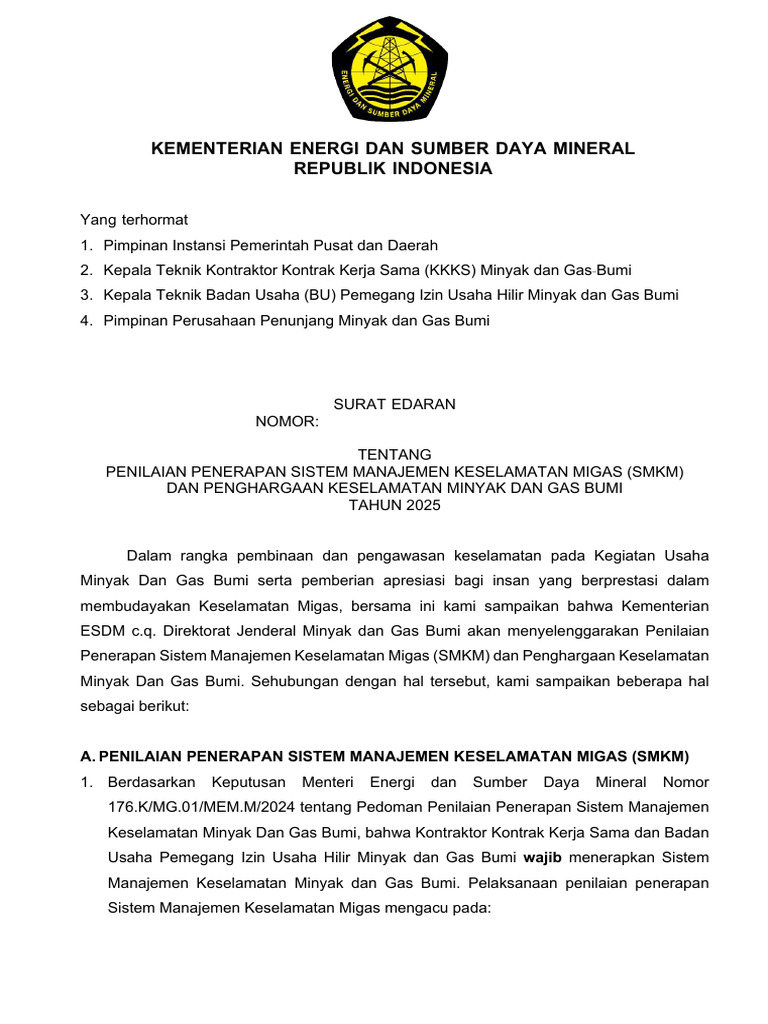 Edaran KIM Penilaian Penerapan SMKM Dan Penghargaan Keselamatan Migas 2025 | PDF