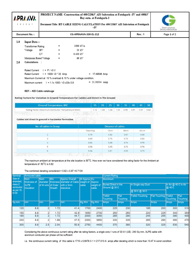 HT Cable Sizing Calculation | PDF | Manufactured Goods | Electrical Components