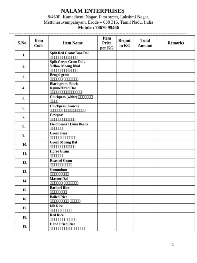 Nalam Enterprises Items List | PDF