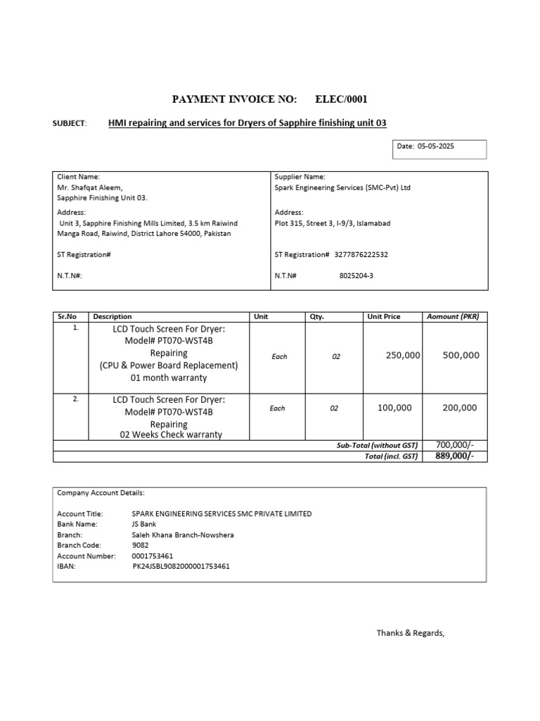 Spark HMI Repairing Invoice | PDF