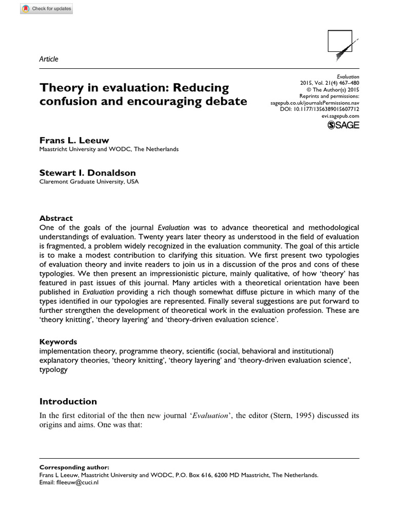 Leeuw Donaldson 2015 Theory in Evaluation Reducing Confusion and ...