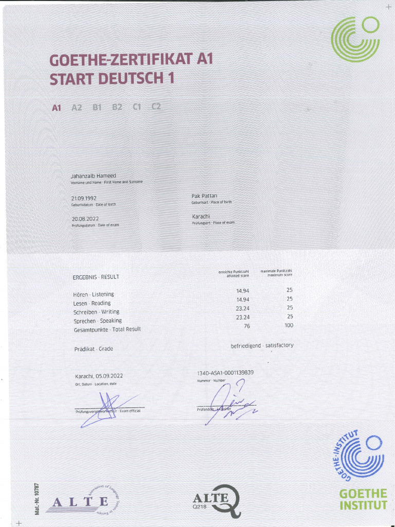 Deutsch-A1 - Certificate File #202098 | PDF