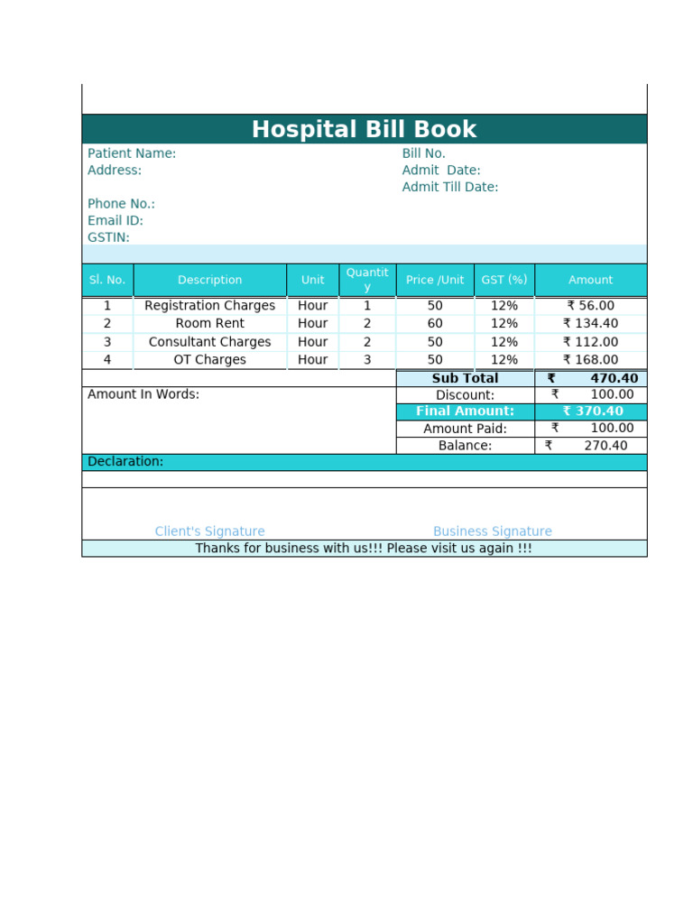 Hospital Bill Book Format 02 | PDF