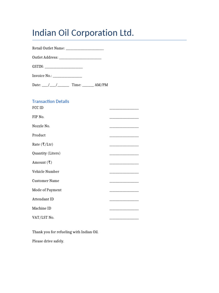 Indian Oil Petrol Bill Template | PDF
