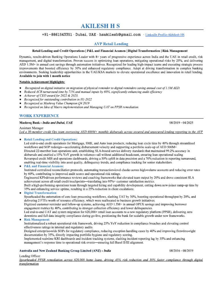 Akilesh H S - AVP Retail Lending | PDF