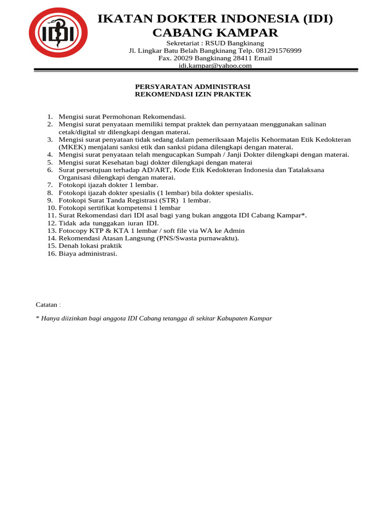 Form Rekomendasi Izin Praktek IDI Cab Kampar 2024 | PDF