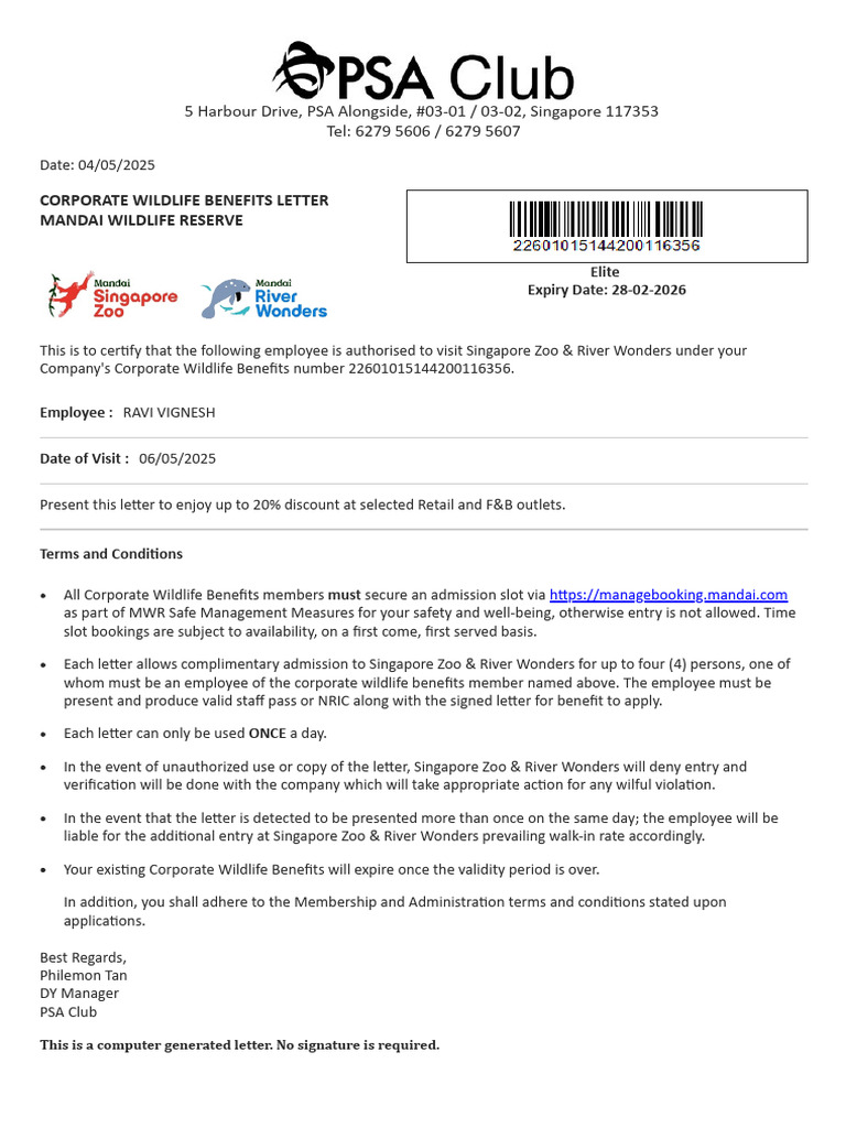 LOA - Singapore Zoo and River Wonders - RAVI VIGNESH - 20250506 | PDF