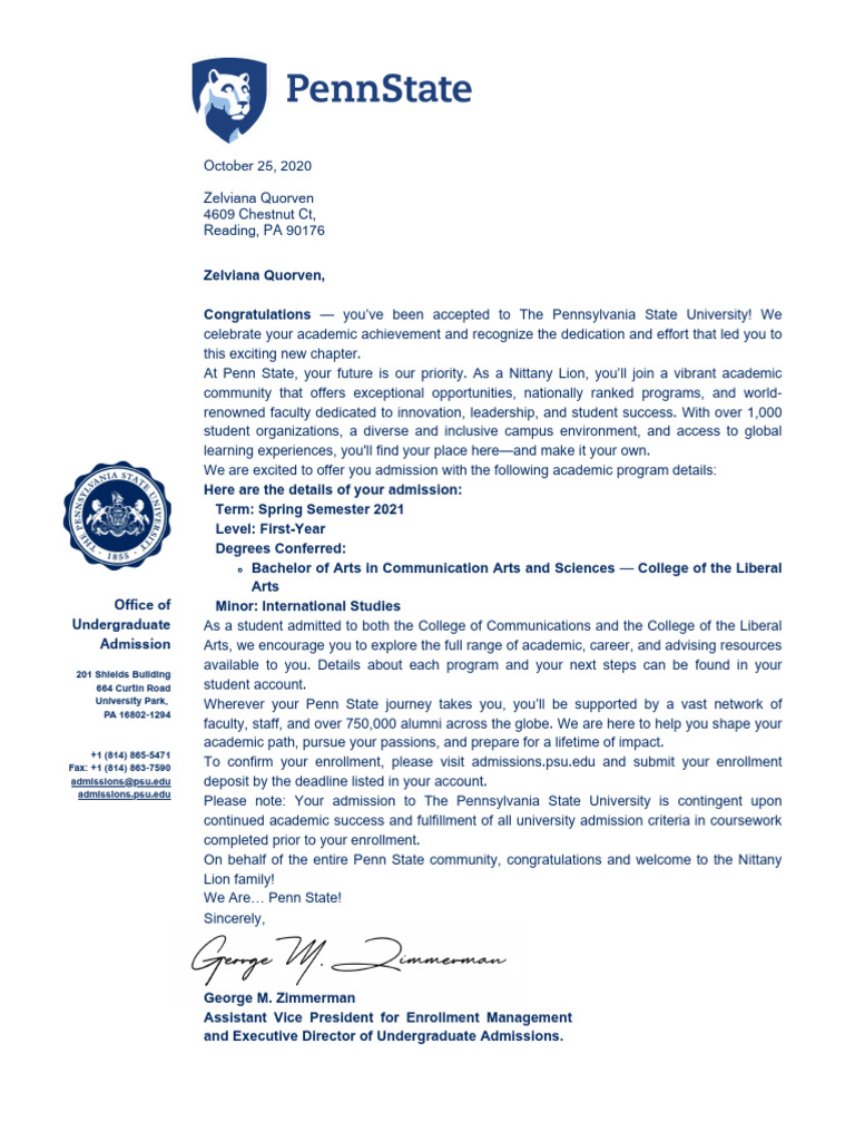 PSU-Zelviana Quorven-Admission | PDF | Pennsylvania State University ...