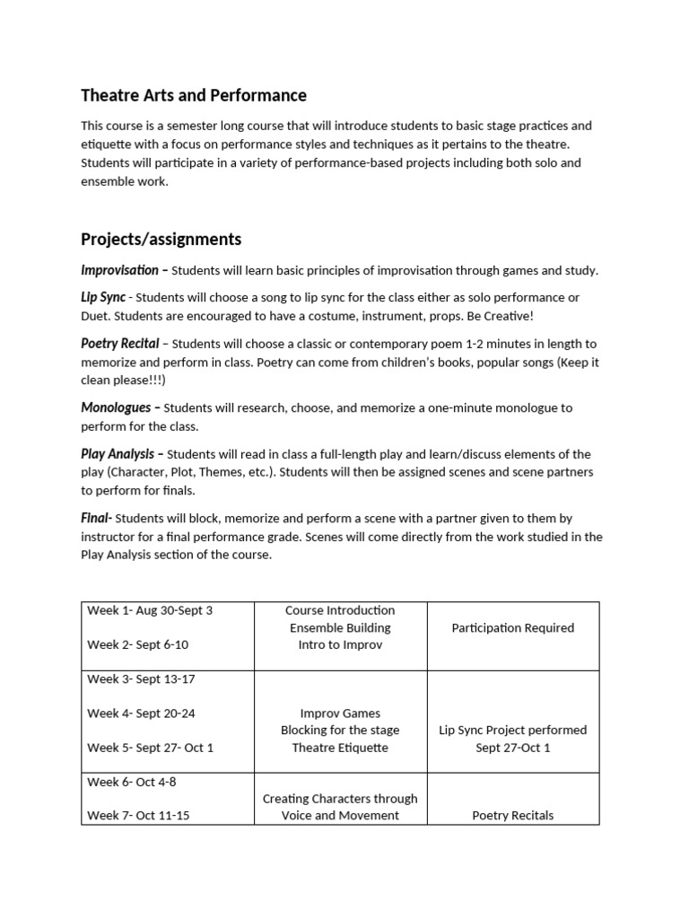 Theatre Arts Performance Course Overview | PDF | Theatre ...