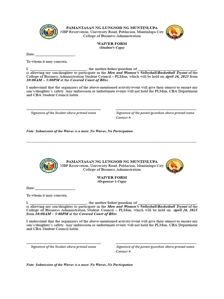 CBA Tryout Waiver Form 2025 | PDF