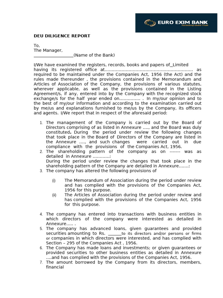 Due Diligence Report Format by CS | PDF | Loans | Banks