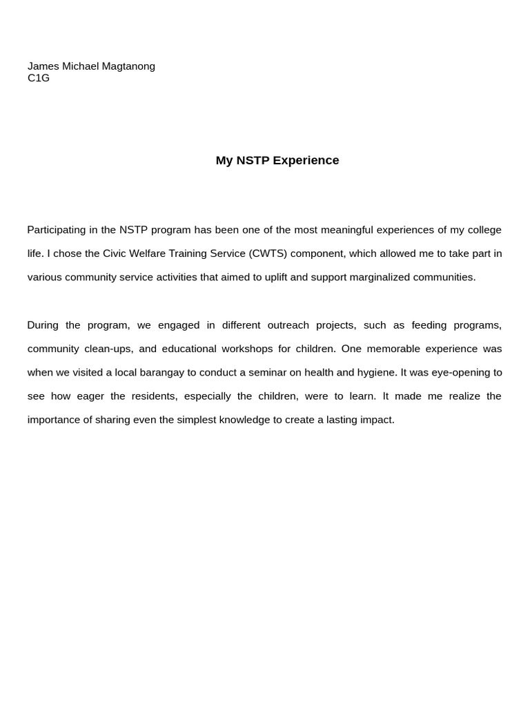 My NSTP Experience-1 James | PDF