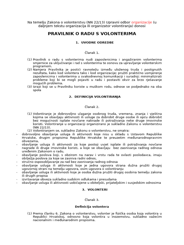 Pravilnik o Radu S Volonterima - Primjer | PDF