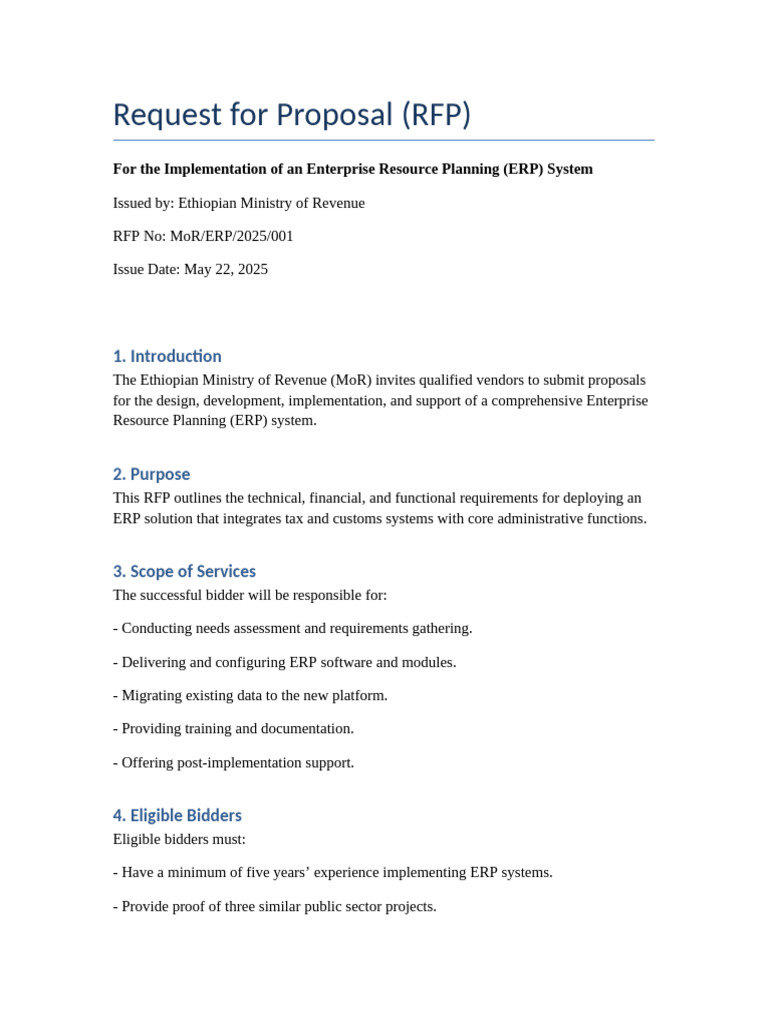 Ethiopia Tax ERP RFP Sample | PDF