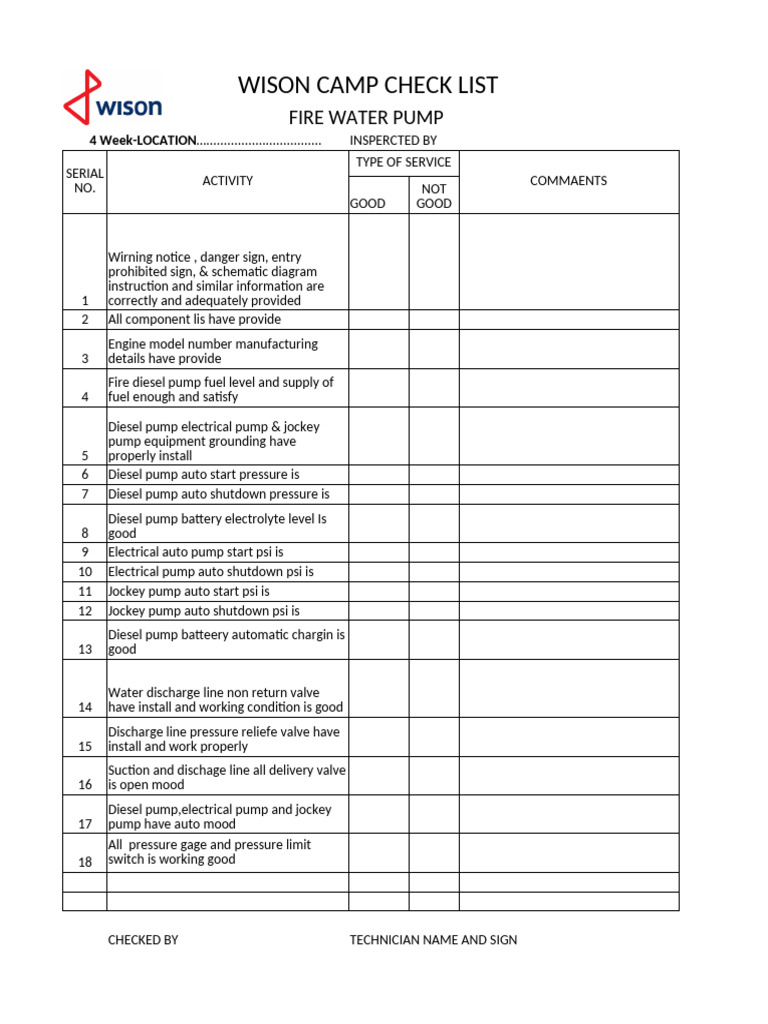 Monthly Diesel Fire Pump Checklist | PDF | Pump | Valve