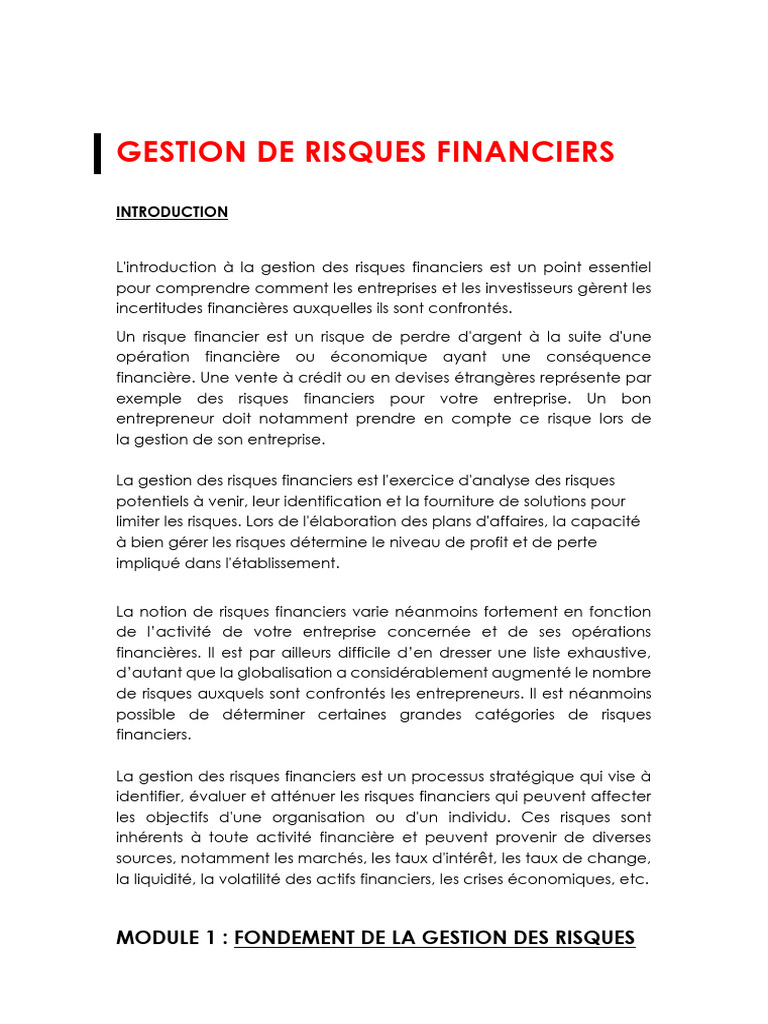 Gestion des Risques Financiers Essentiels | PDF | Risque financier ...