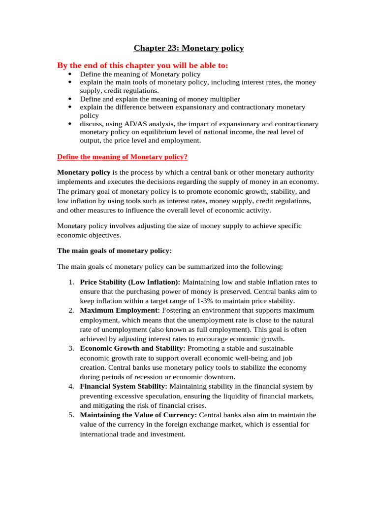 Cie A Level Economics Chapter 23 Monetary Policy | PDF | Monetary ...