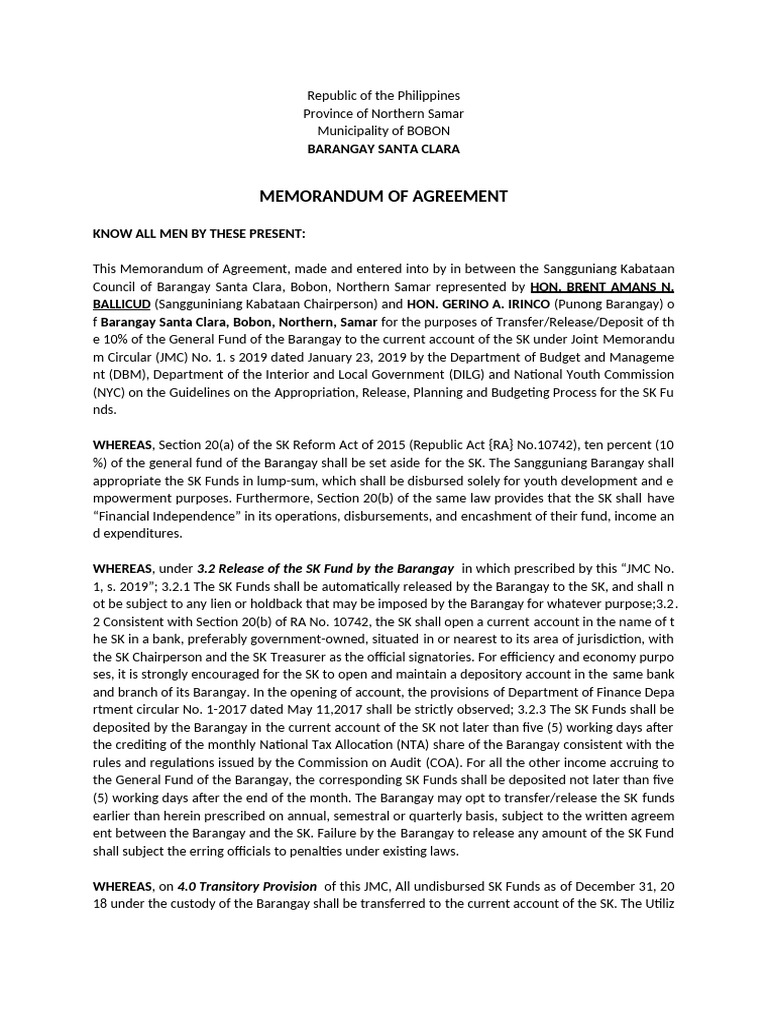MOA for SK Fund Transfer in Bobon | PDF | Government
