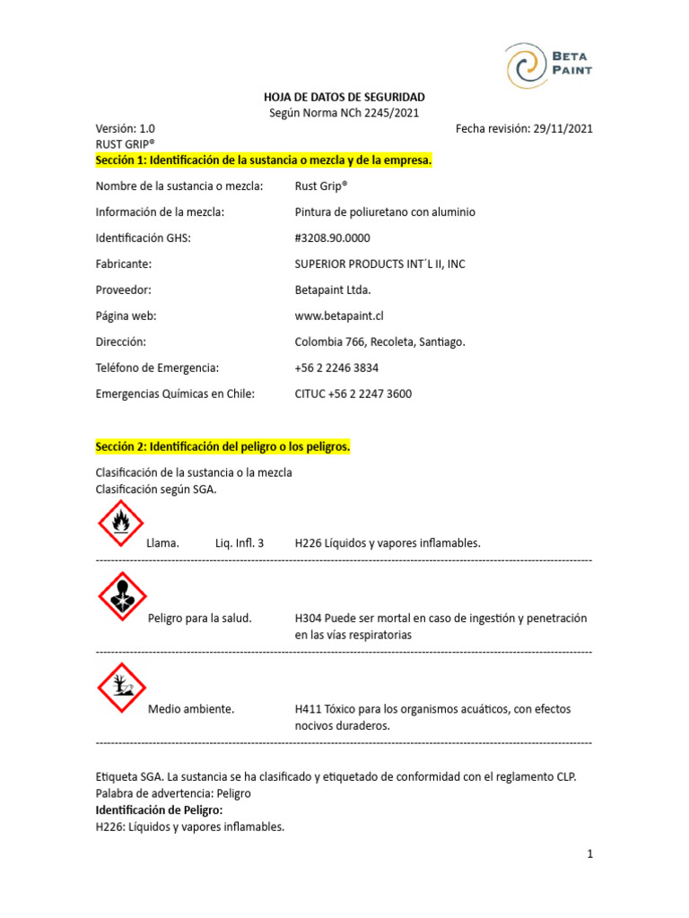 Hoja de Seguridad - Rust Grip | PDF | Agua | Residuos