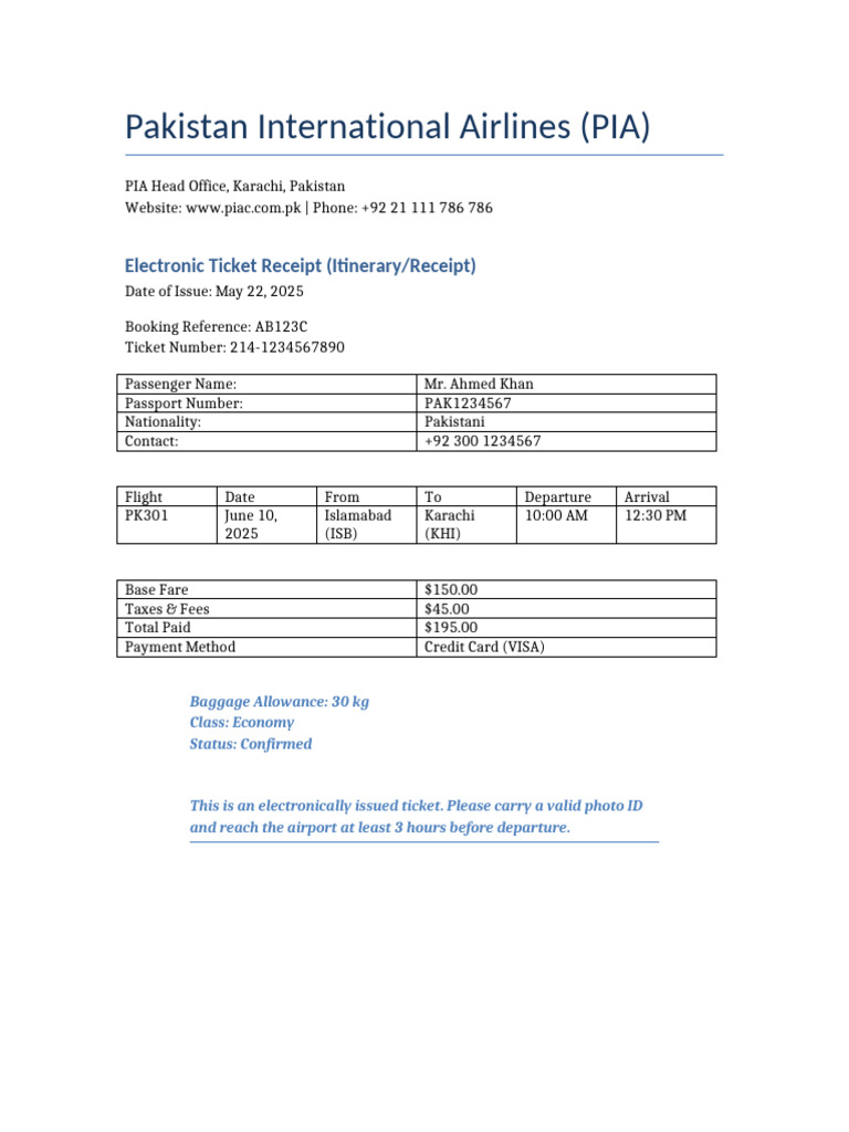 PIA Electronic Ticket Receipt Details | PDF