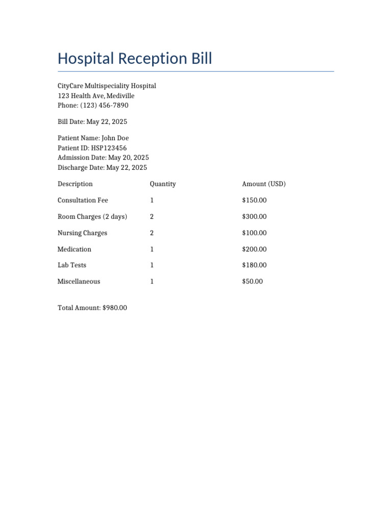 Hospital Reception Bill | PDF