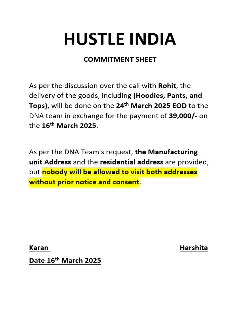 HUSTLE INDIA Commitment Sheet | PDF