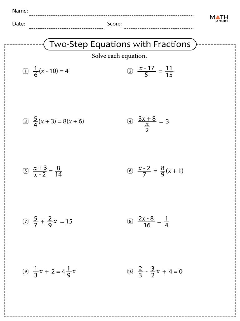 Two Step Equations With Fractions Worksheet | PDF