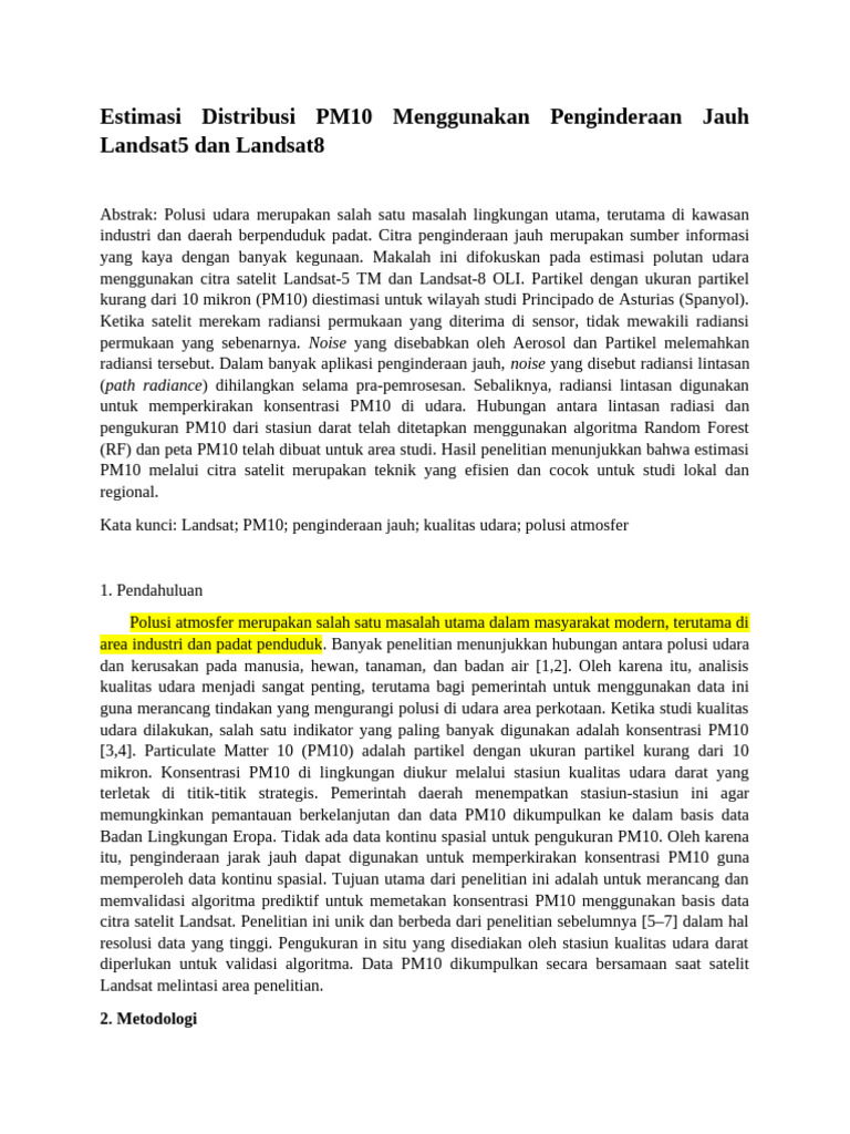 Estimasi Distribusi PM10 Menggunakan Penginderaan Jauh Landsat5 Dan Landsat8 | PDF