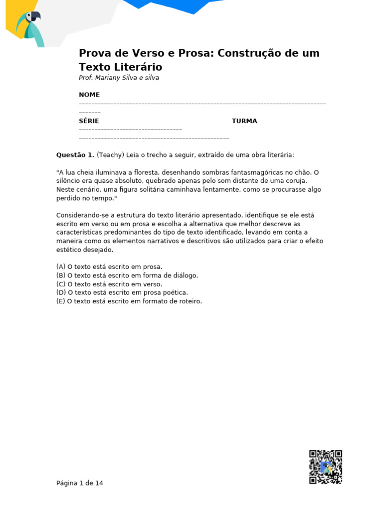 Prova de Verso e Prosa Construo de Um Texto Literrio | PDF | Prosa ...